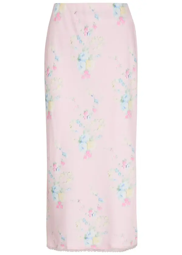 LoveShackFancy Floral-print Satin Midi Slip Skirt - Pink