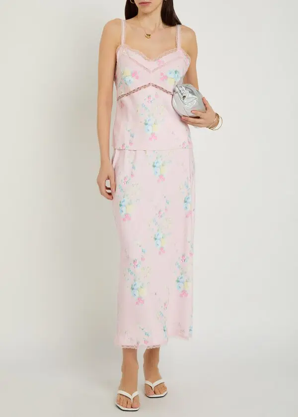 LoveShackFancy Floral-print Satin Midi Slip Skirt - Pink
