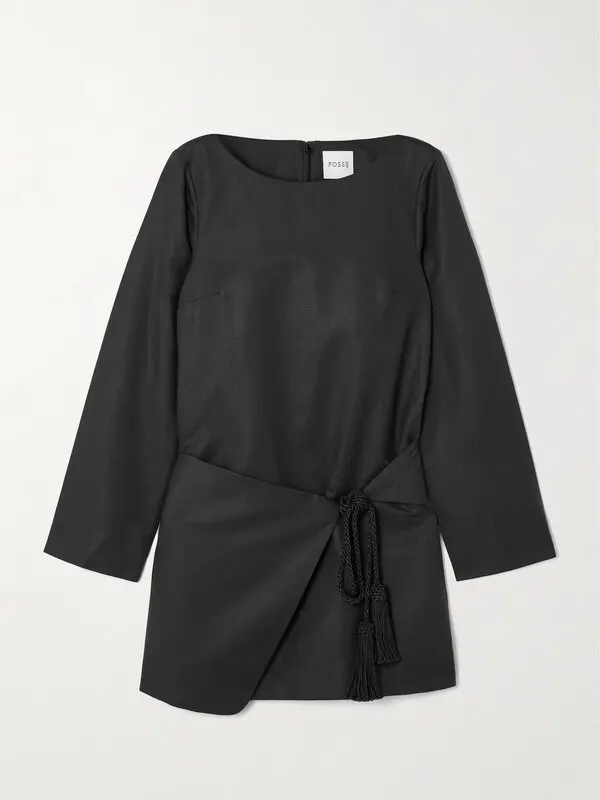 Posse Yvette Tie-detailed Draped Linen And Cotton-blend Mini Dress - Black