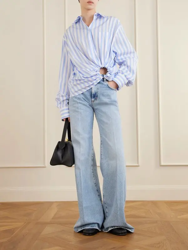 Sportmax Gathered Striped Cotton-poplin Shirt - Blue