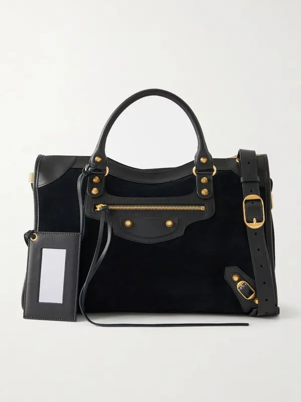 Balenciaga Le City Studded Suede Shoulder Bag - Black