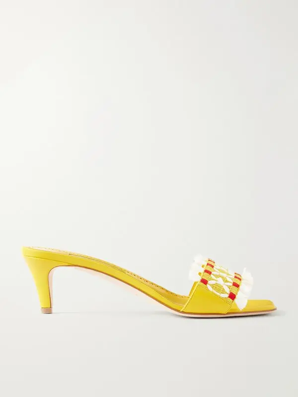 Manolo Blahnik Moremu 50 Raffia-trimmed Leather Mules - Yellow