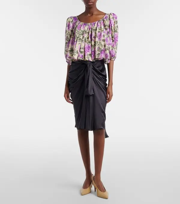 Chloé Gathered Silk Satin Midi Skirt