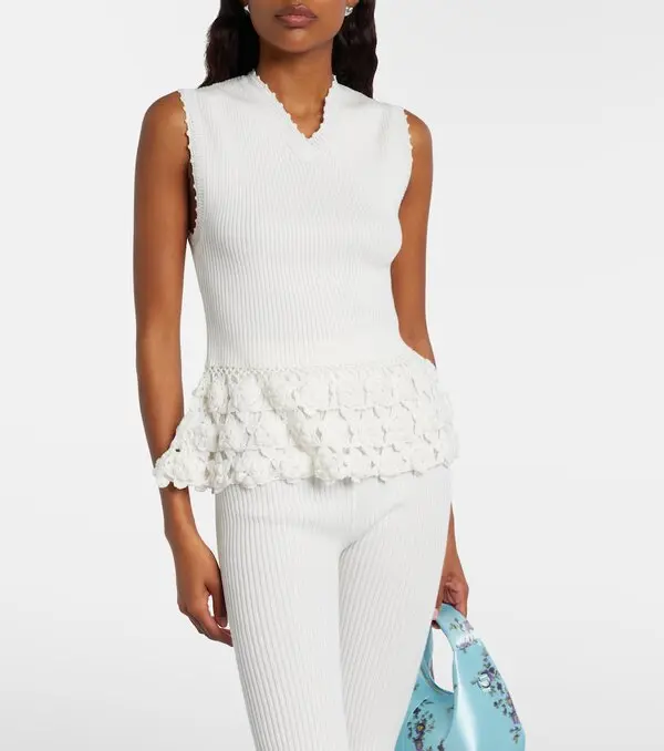GANNI Ribbed Cotton-blend Top With Crochet Trim - White