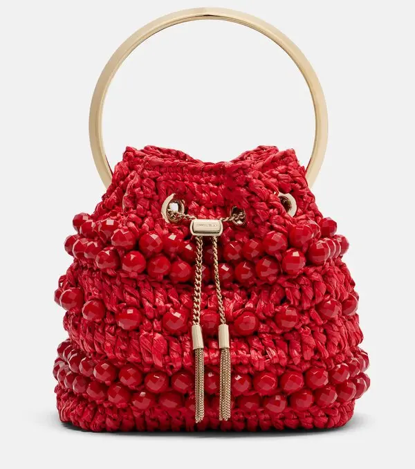 JIMMY CHOO Bon Bon Small Beaded Raffia Bucket Bag - Red