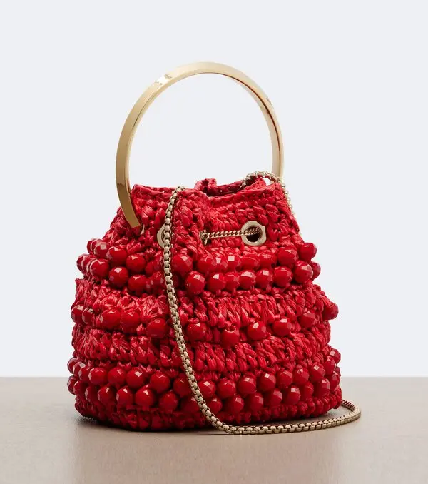 JIMMY CHOO Bon Bon Beaded Raffia Bucket Bag