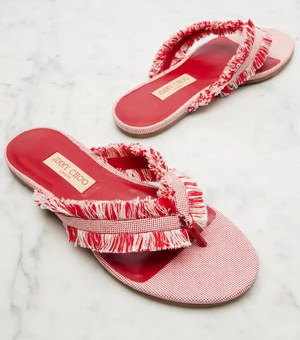 JIMMY CHOO Bay Fringed Canvas Thong Sandals