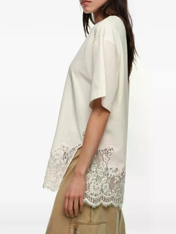 Bimba Y Lola Ivory Cotton Lace Trim T-shirt