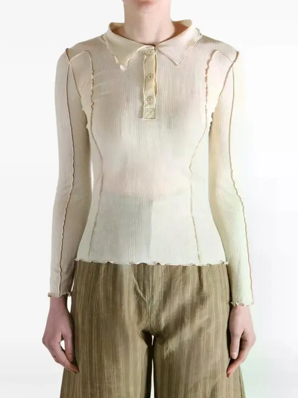 BASERANGE Off-white Ribbed Knit Ruffled Polo Shirt