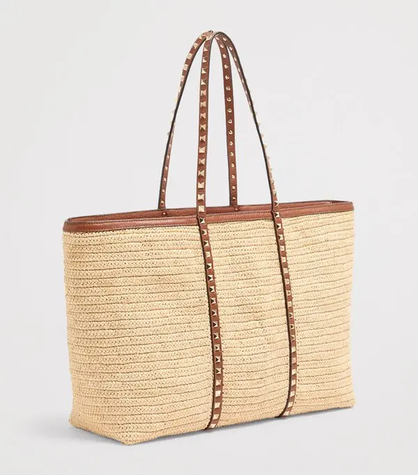 Valentino Garavani Large Straw Rockstud Tote Bag - Pink