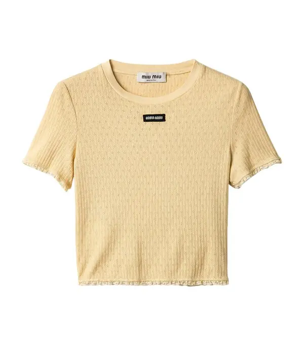 Miu Miu Cropped Pointelle Knit T-shirt With Lace Trim - Yellow
