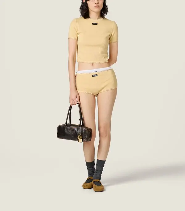 Miu Miu Cropped Pointelle Knit T-shirt With Lace Trim - Yellow