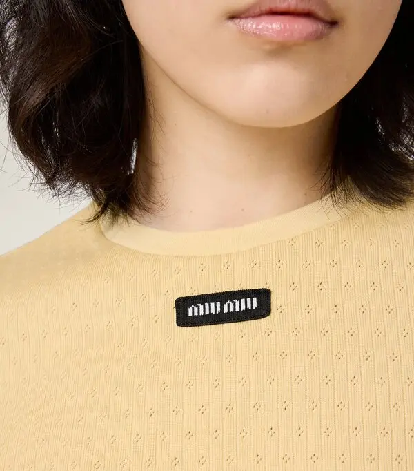 Miu Miu Cropped Pointelle Knit T-shirt With Lace Trim - Yellow