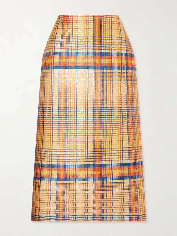 Brandon Maxwell Mercer Checked Wool And Silk-blend Mikado Midi Skirt - Orange