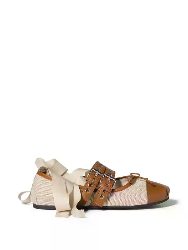Miu Miu Canvas And Leather Ballerinas With Buckle And Ribbon Fastening