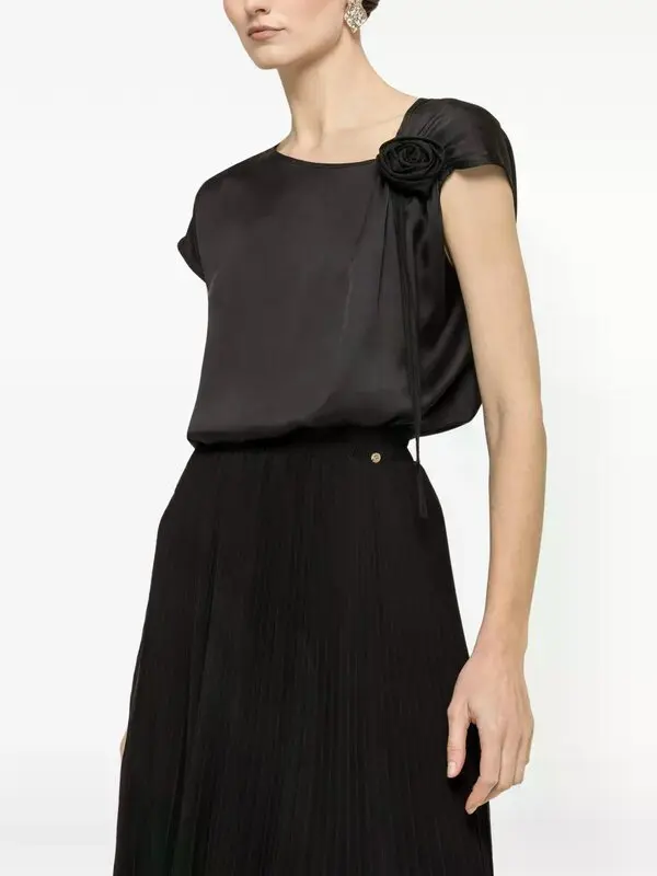 NISSA Floral Detail Asymmetric Neck Short Sleeve Top - Black