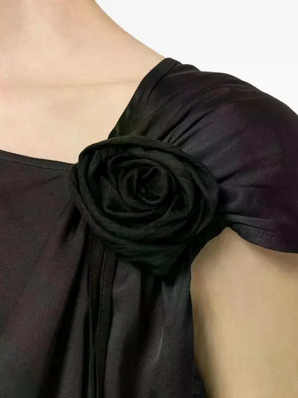 NISSA Floral Detail Asymmetric Neck Short Sleeve Top - Black