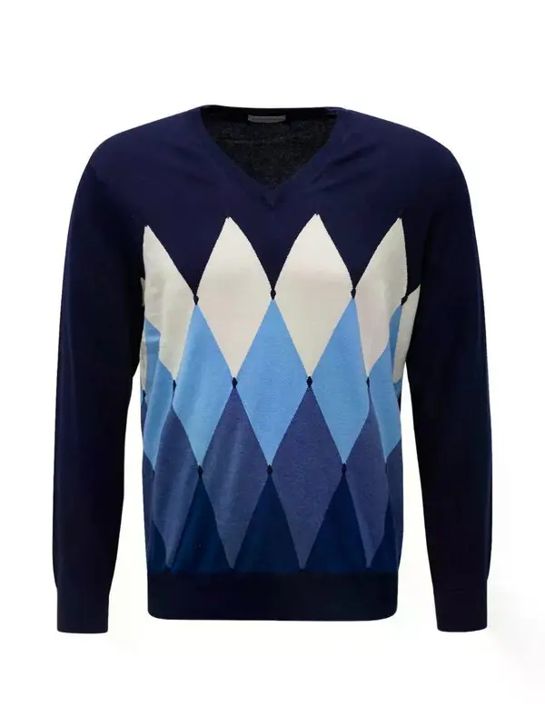 BALLANTYNE Argyle Intarsia V-neck Long Sleeve Sweater - Blue