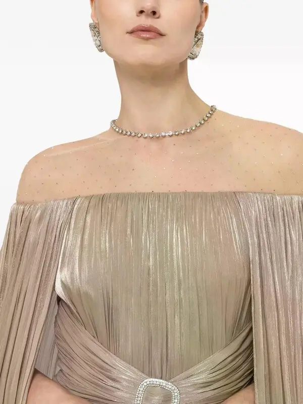 NISSA Cape Effect Chiffon Maxi Dress With Crystal Embellishment - Neutrals