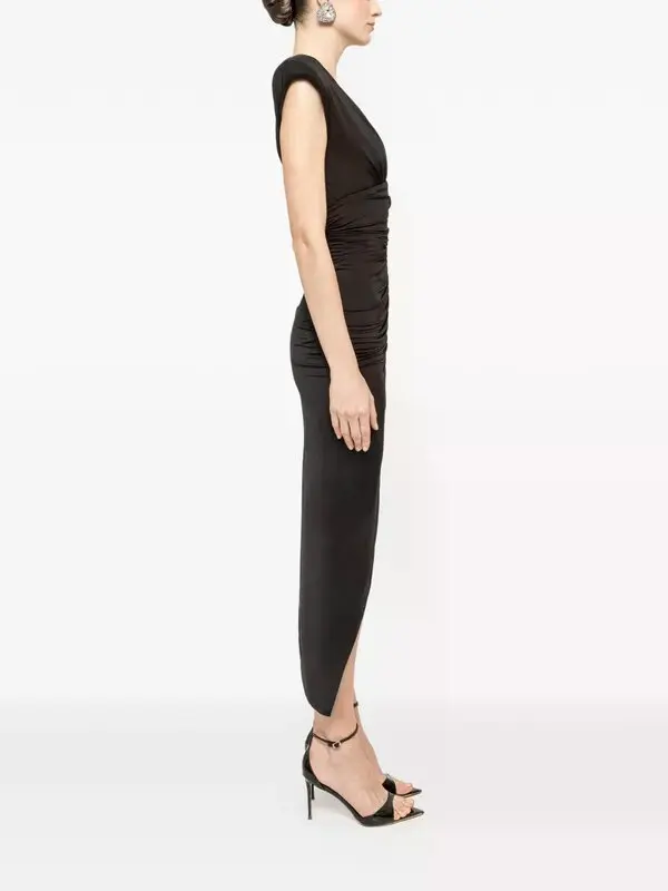 NISSA Ruched V-neck Midi Dress With Asymmetric Hem - Black