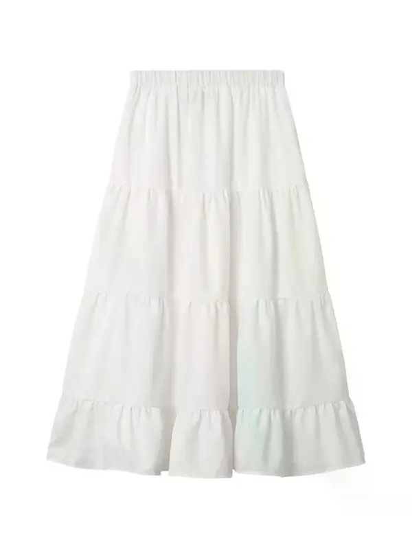 TOUT A COUP Tiered Drawstring Midi Skirt - White