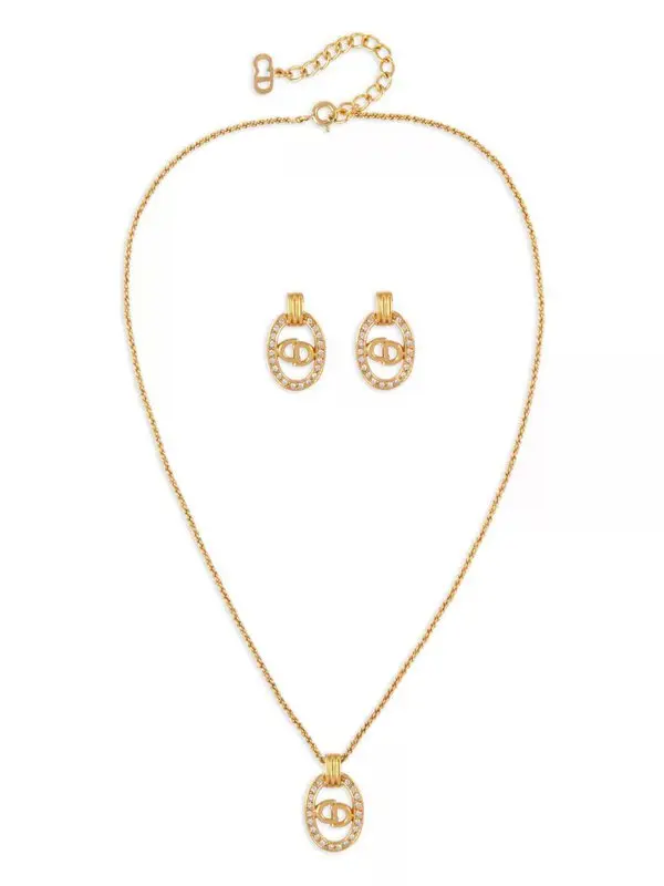 Dior Tone Swarovski Crystal Cd Logo Necklace And Clip-on Earrings Set - Gold