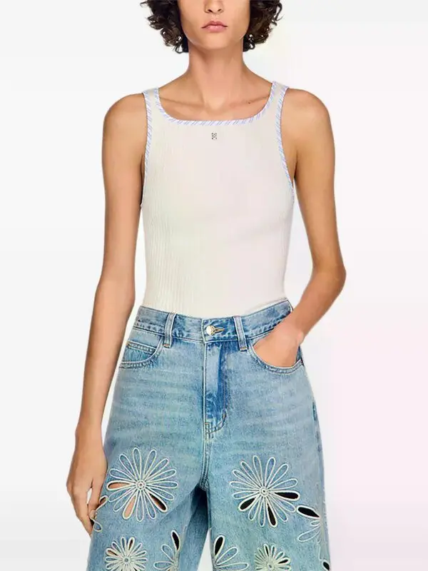 Sandro Ribbed Knit Vest Top With Striped Trim