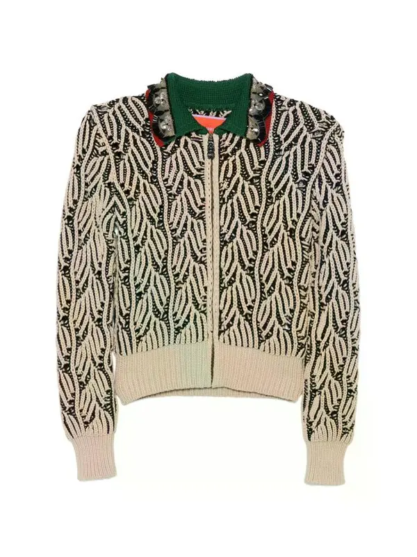 La DoubleJ Patterned Embellished Collar Zip Cardigan