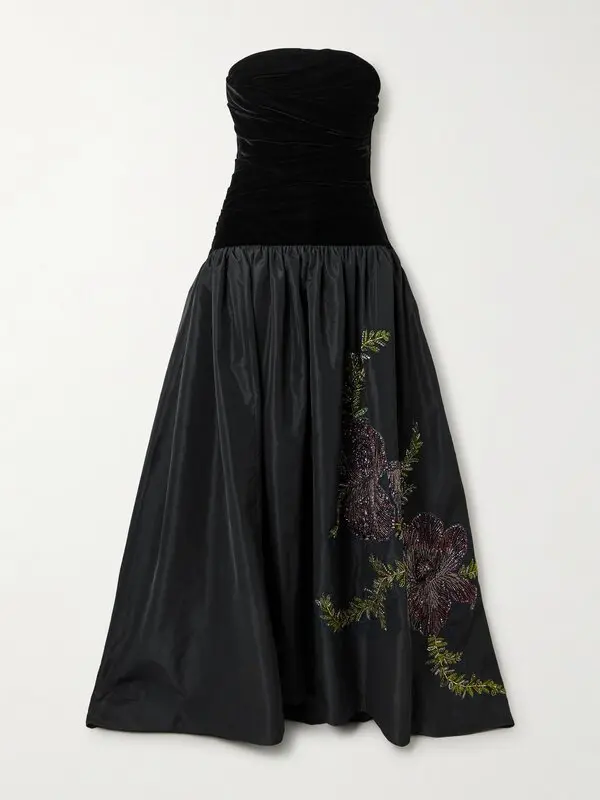CLIO PEPPIATT Strapless Gathered Velvet & Embellished Taffeta Gown - Black