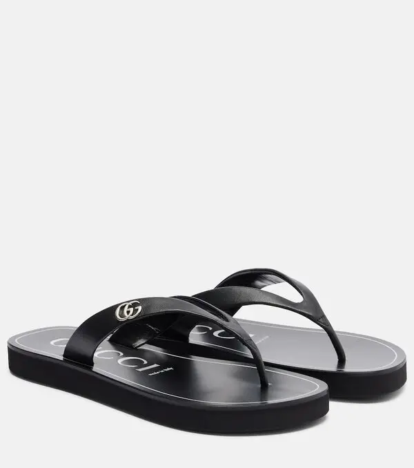Gucci Double G Leather Thong Sandals - Black