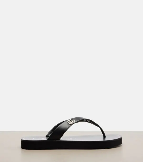 Gucci Double G Leather Thong Sandals - Black