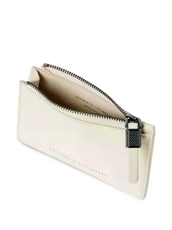 Brunello Cucinelli Grained Leather Card Case With Shiny Zipper Pull - Neutrals