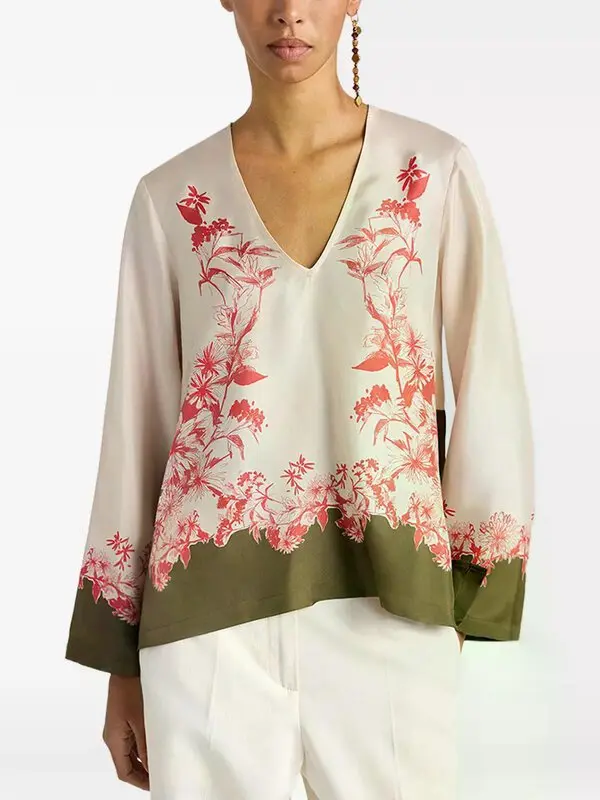 Momoni Long Sleeve Floral Print V-neck Blouse - Neutrals