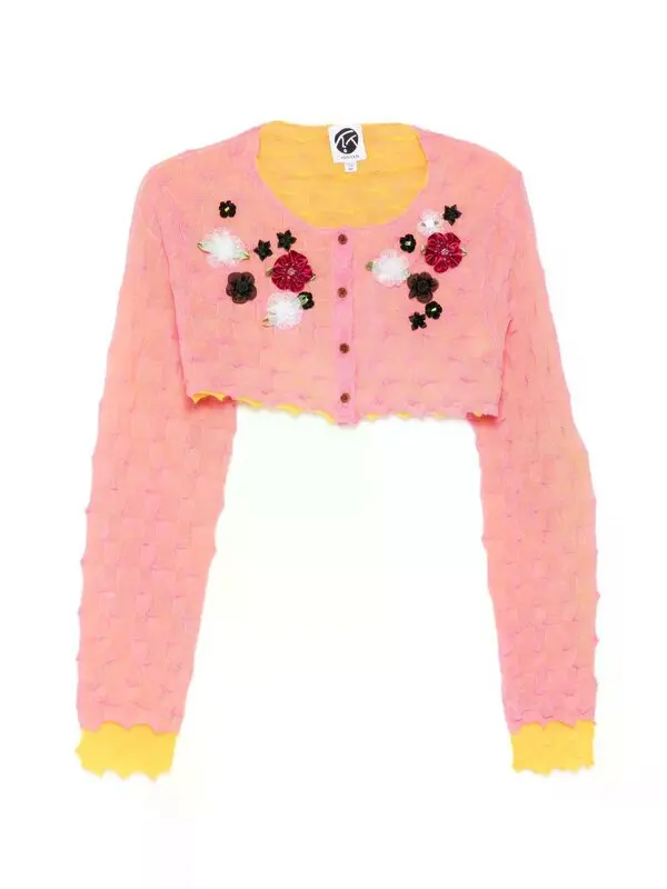 YANYAN Cropped Floral Appliqué Cardigan - Pink