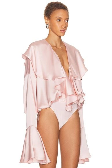 Norma Kamali Long Sleeve Deep V Ruffle Bodysuit