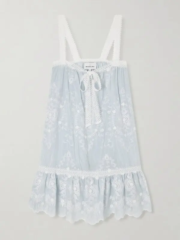 Miguelina Embroidered Silk-blend Voile Mini Dress With Lace And Bow Detail - Blue