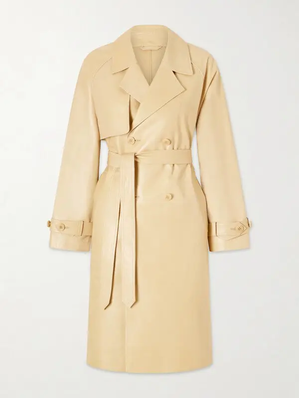 Nour Hammour Double-breasted Belted Leather Trench Coat