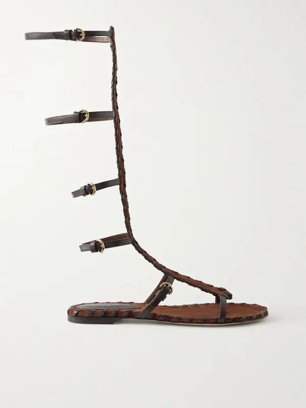 GIANVITO ROSSI Knee-high Whipstitched Suede And Leather Sandals - Brown