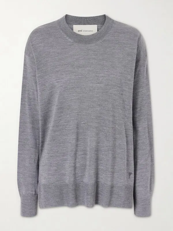 AMI Paris Knitted Wool And Silk-blend Sweater - Gray