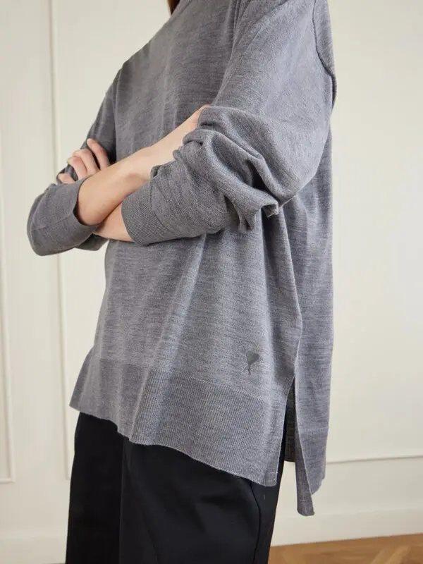AMI Paris Knitted Wool And Silk-blend Sweater - Gray