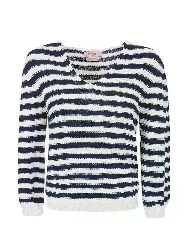 TWINSET Striped V-neck Fine Knit Pullover - Blue