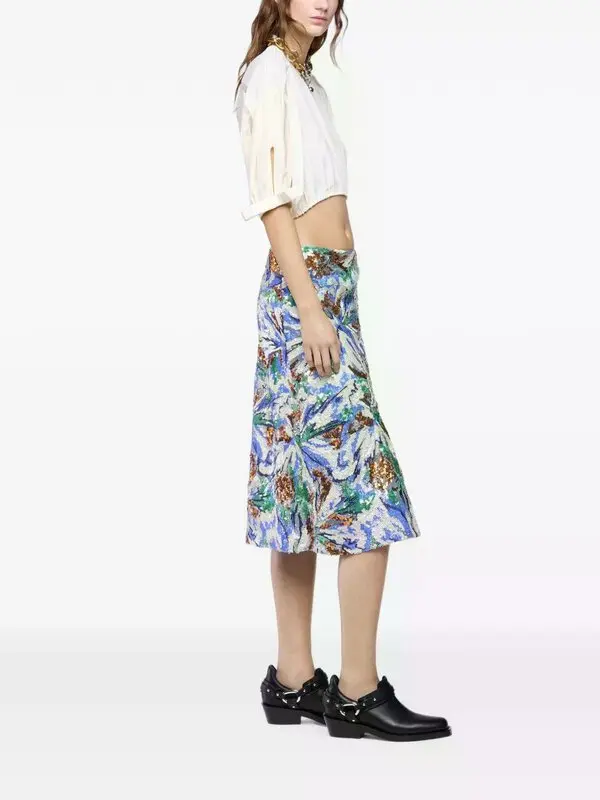 Rabanne Floral Sequined A-line Midi Skirt - Blue