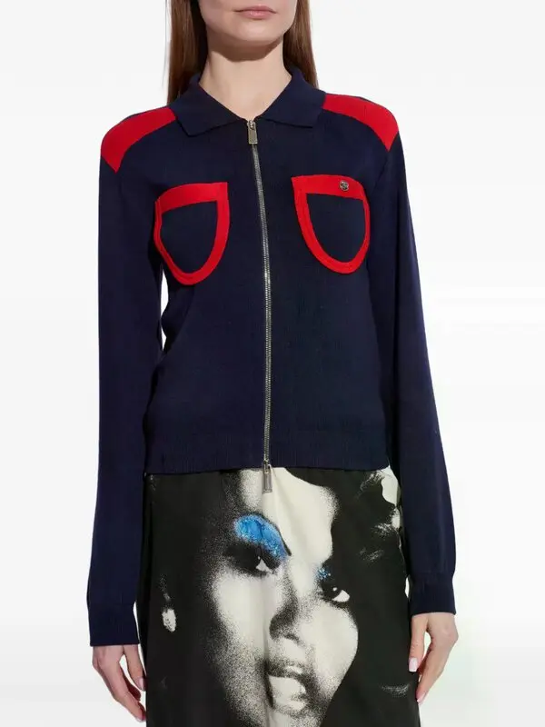 Versace Zip Collared Cardigan With Red Detail And Pockets