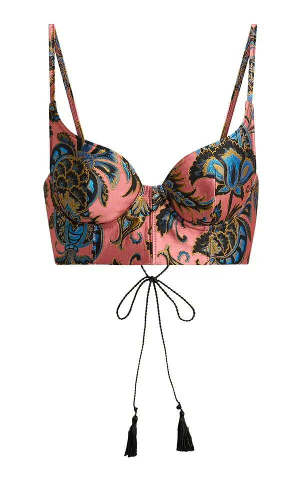 Etro Lightweight Brocade Bustier Top With Corset Back And Tassel Tie - Multi