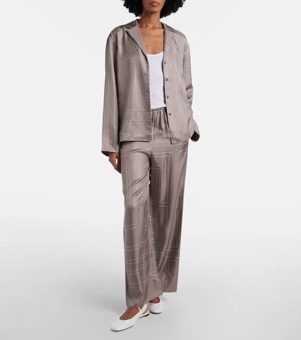 TOTEME Monogram Silk Twill Pajama Pants - Grey