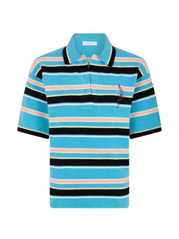 Rabanne Striped Embroidered Terry Knit Polo Top - Blue