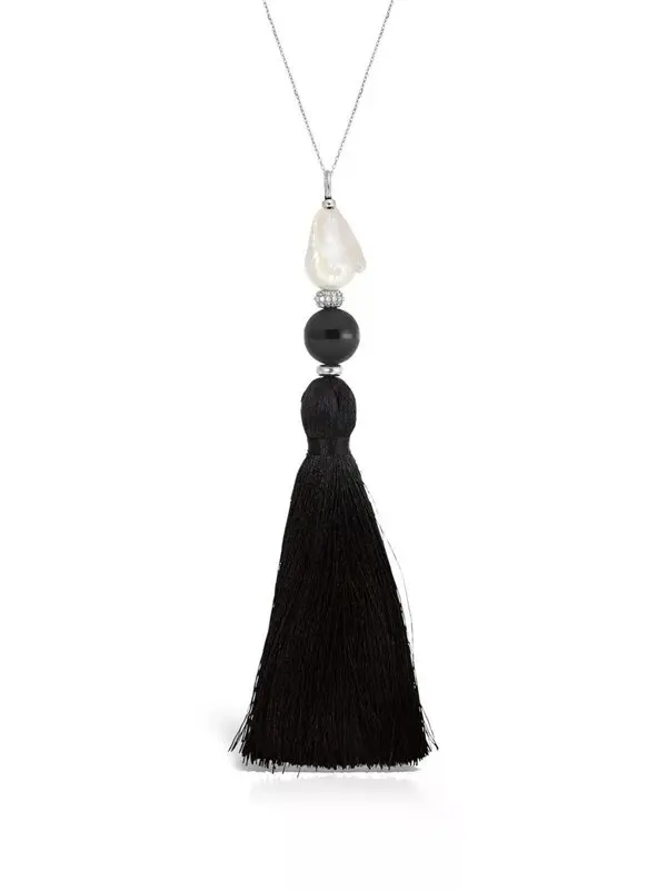 OBSIDIAN Tasseled Onyx And Pearl Necklace - Silver