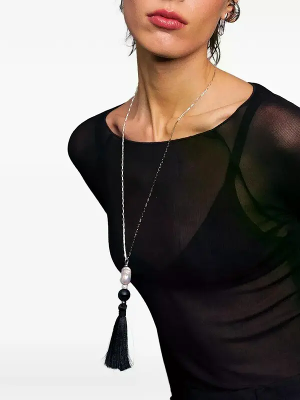OBSIDIAN Tasseled Onyx And Pearl Necklace