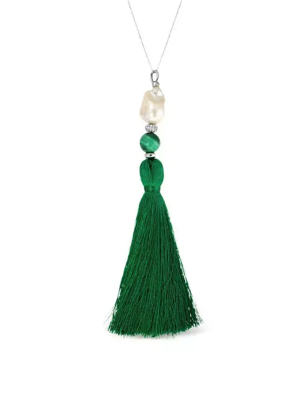 OBSIDIAN Tasseled Pearl And Malachite Necklace - Silver