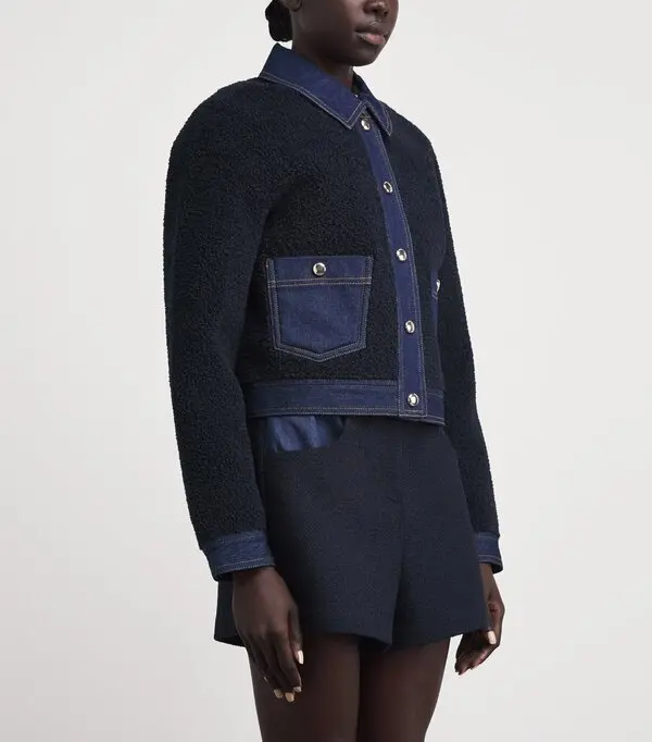 Maje Bouclé And Denim Trimmed Jacket - Blue